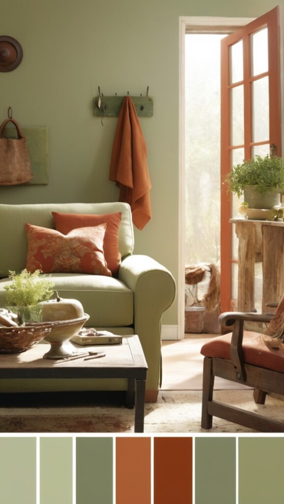 How can I style a sage green and rust living room for a cozy feel ...