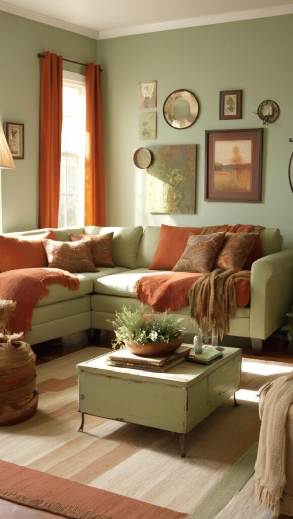How can I decorate a sage green and rust living room to create a cozy ...